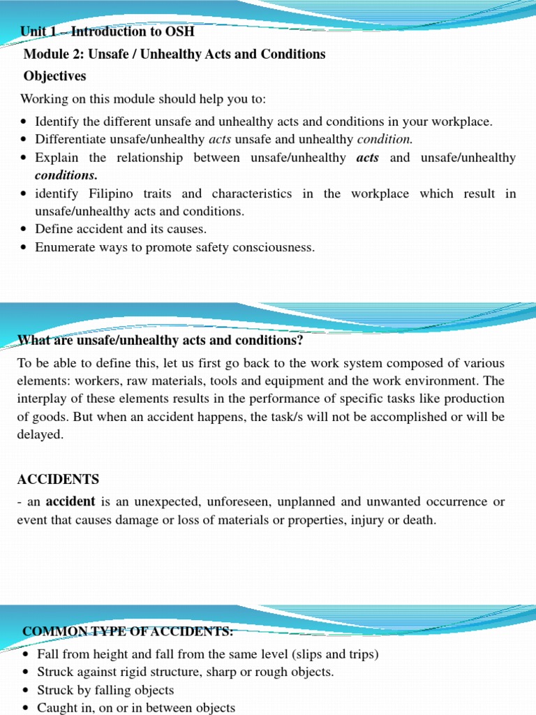 Unit 1 - Introduction To OSH Module 2: Unsafe / Unhealthy Acts and ...
