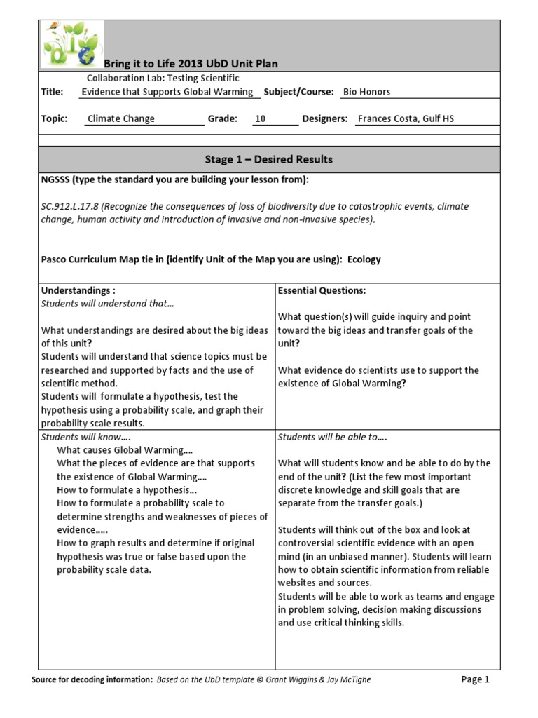 Sample of UbD Lesson Plan 1 | PDF | Rubric (Academic) | Global Warming