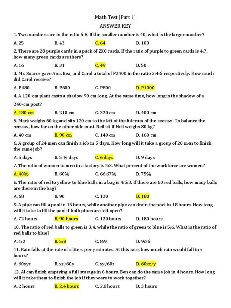 Math Test (Part 1) Answer Key | PDF | Nature