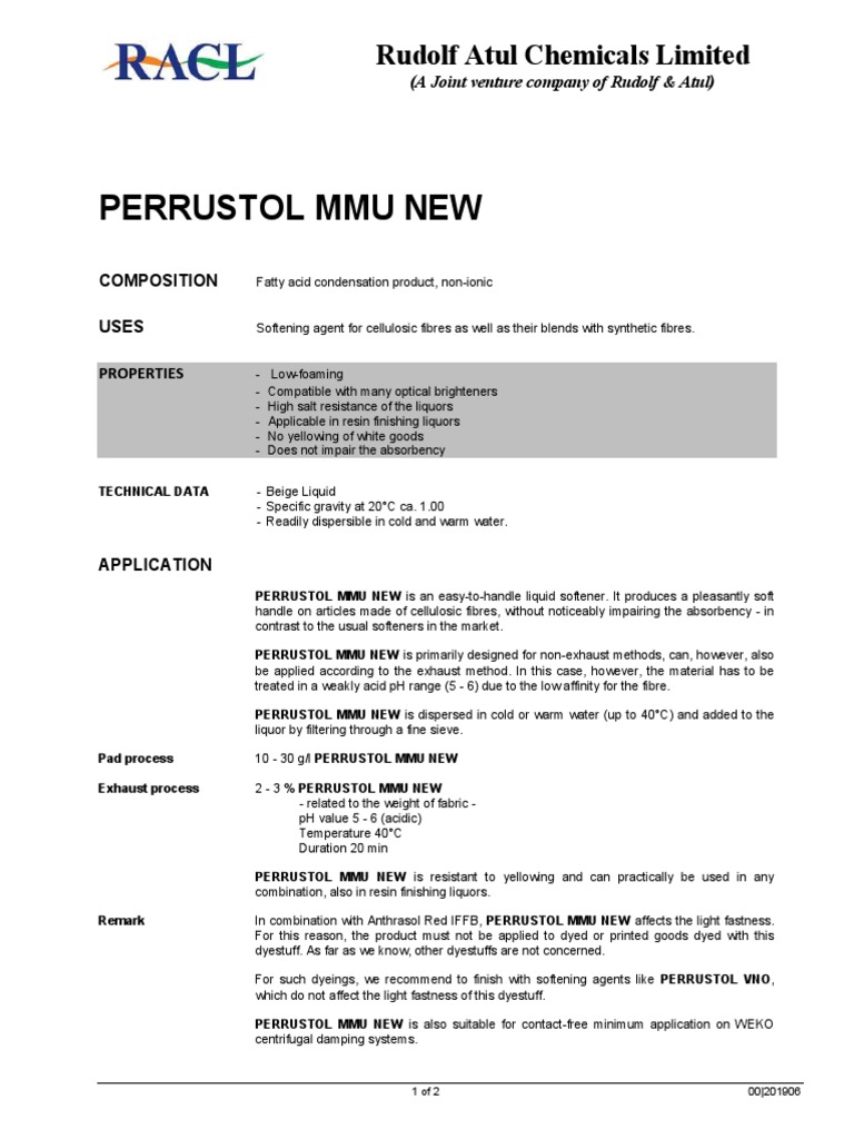 Perrustol Mmu New: Rudolf Atul Chemicals Limited | PDF | Fibers | Dye