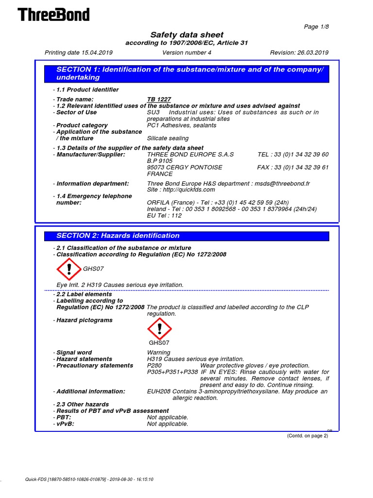 3 ThreeBond 1227 ENGLISH-convertido (1 | PDF | Dangerous Goods | Toxicity