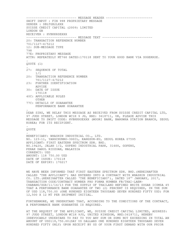 SWIFT MT998 Performance Guarantee Notice | PDF | Guarantee | Government