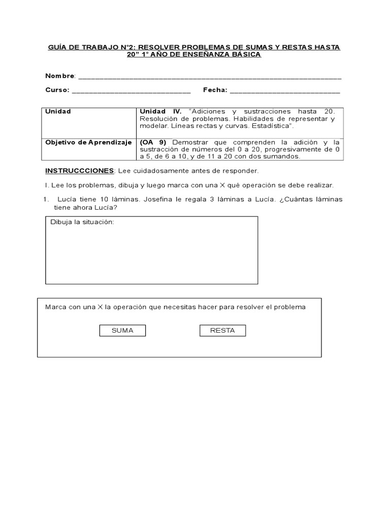 Guia 2 Resolver Problemas de Sumas y Restas Hasta 20 | PDF | Métodos y ...