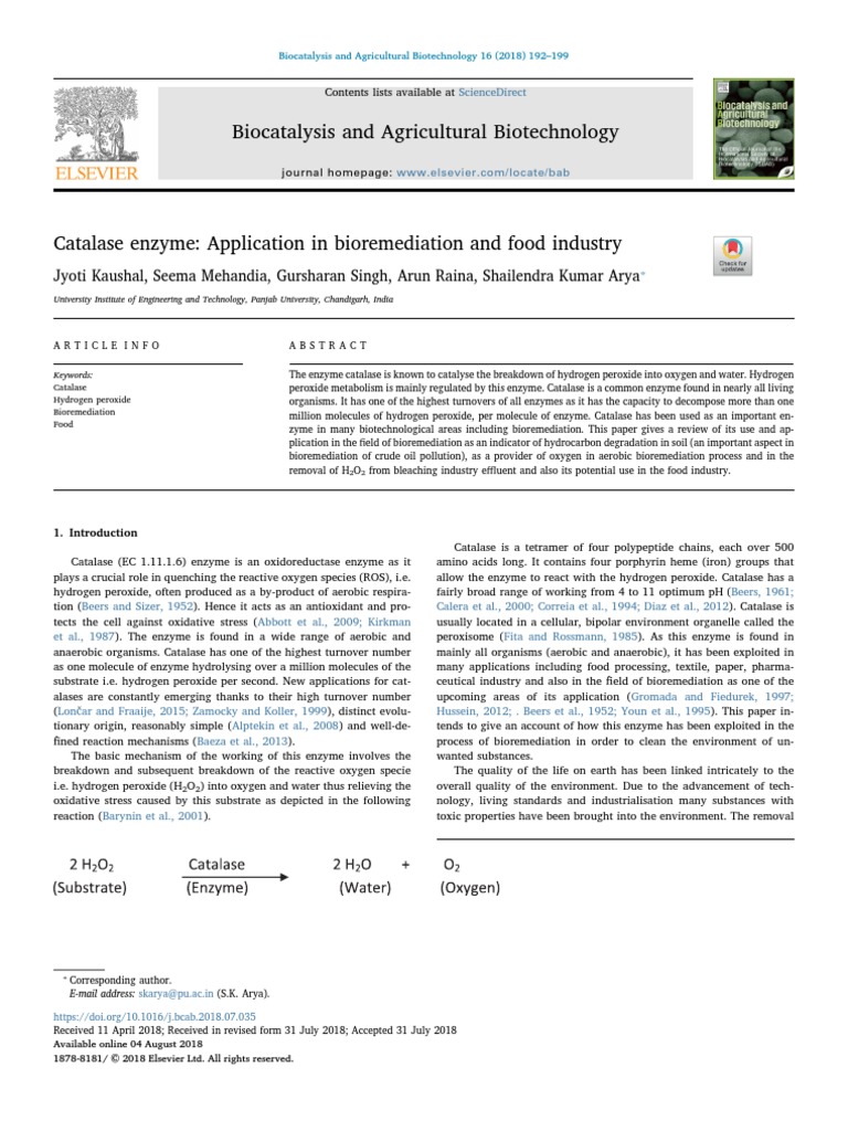 Catalase Enzyme Application in Bioremediation and Food Industry | PDF | Catalase | Hydrogen Peroxide
