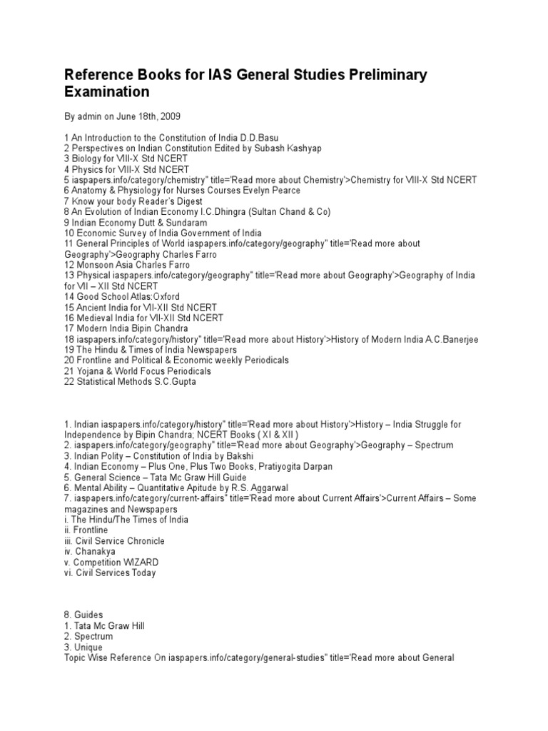 Reference Books For IAS General Studies Preliminary Examination | PDF ...