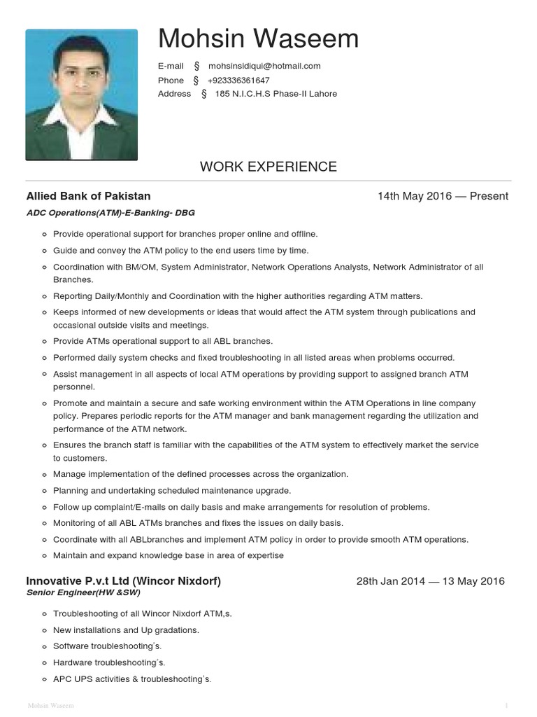 Resume of Mohsin Waseem Seeking a Position in ATM Operations and ...