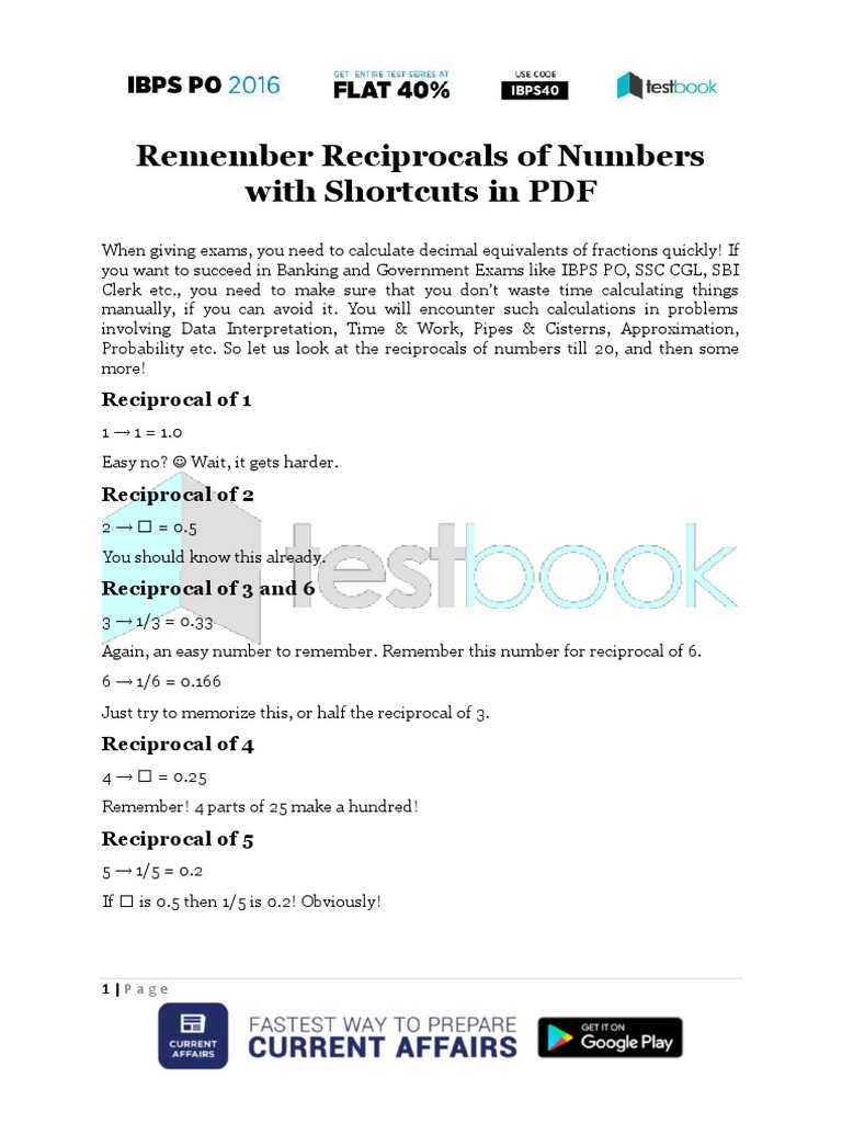 Remember Reciprocals of Numbers With Shortcuts in PDF | Download Free ...
