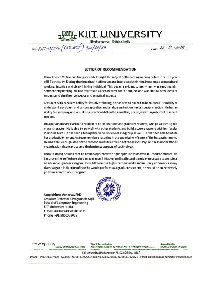 Kiit University: Letter of Recommendation | PDF