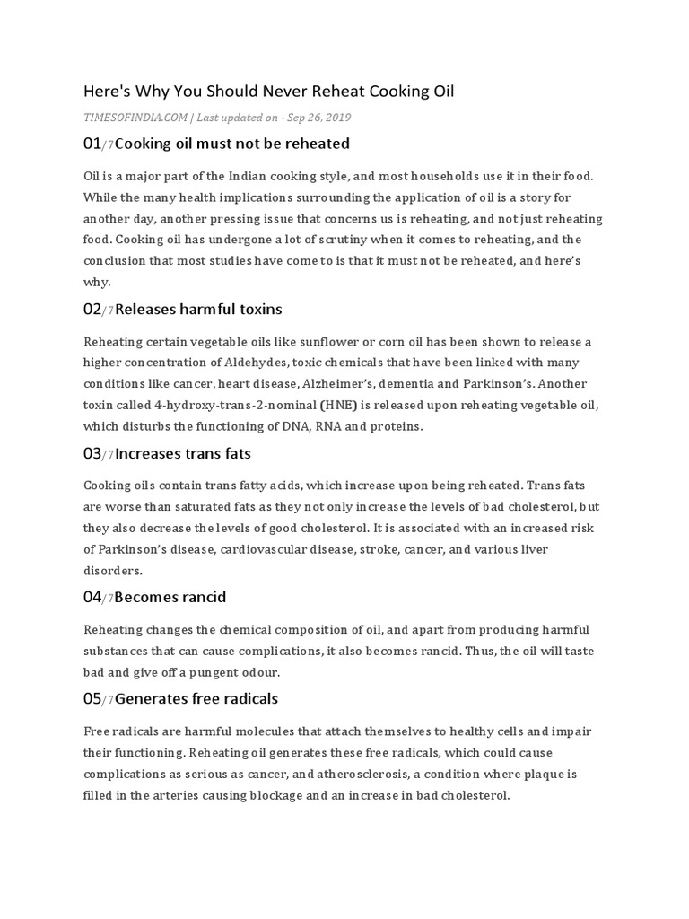 Here's Why You Should Never Reheat Cooking Oil | PDF | Cooking Oil | Fat