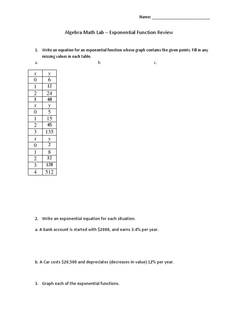 Algebra Math Lab - Exponential Function Review: Name | PDF | Computers ...