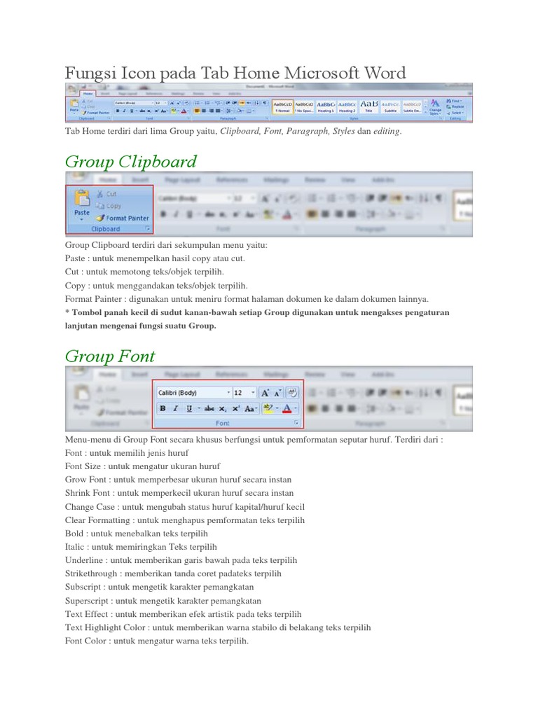 Fungsi Beberapa Icon Pada Tab Home Microsoft Word Secara Umum | PDF ...