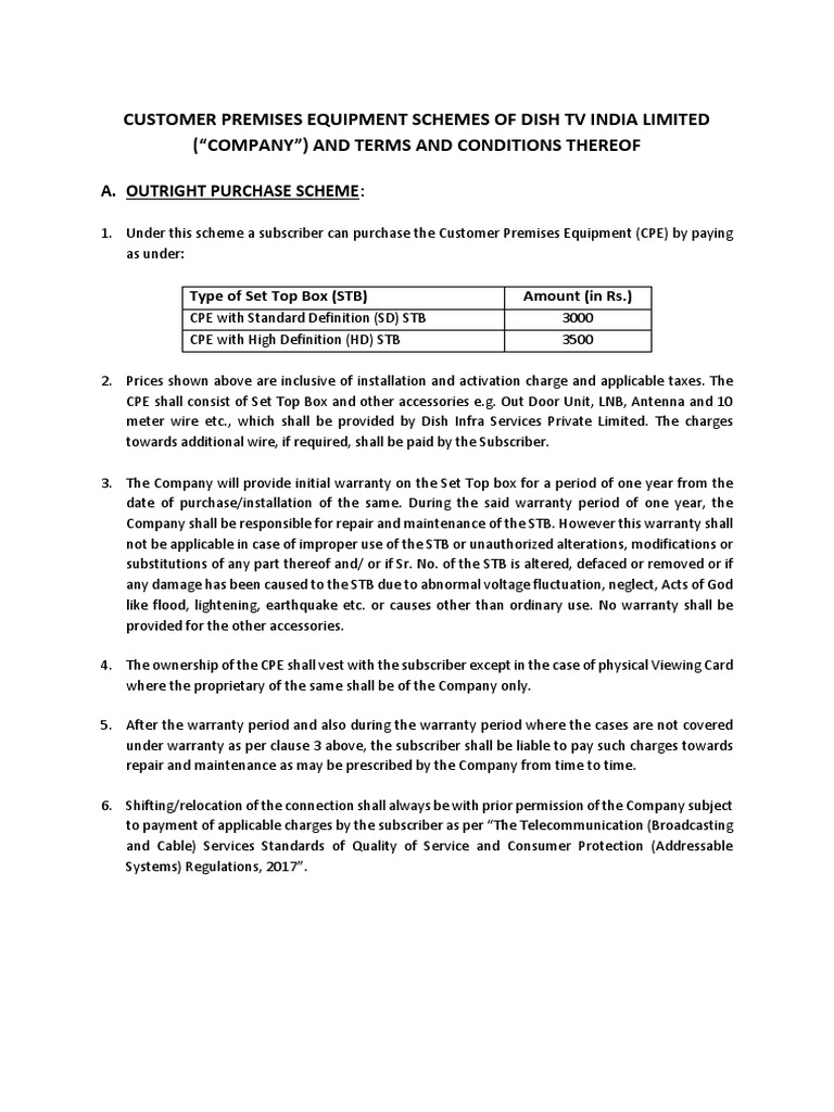 Customer Premises Equipment Schemes of Dish TV India Limited ("Company ...