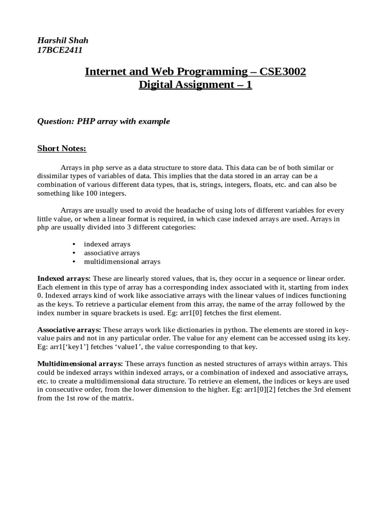 Internet and Web Programming - CSE3002 Digital Assignment - 1 | PDF | Array Data Structure ...