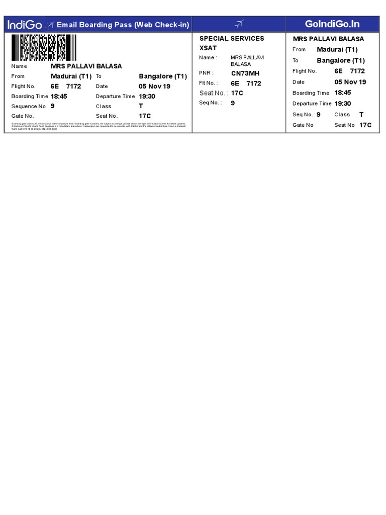 Indigo Flight 6E 7172 Boarding Pass | PDF | Aviation