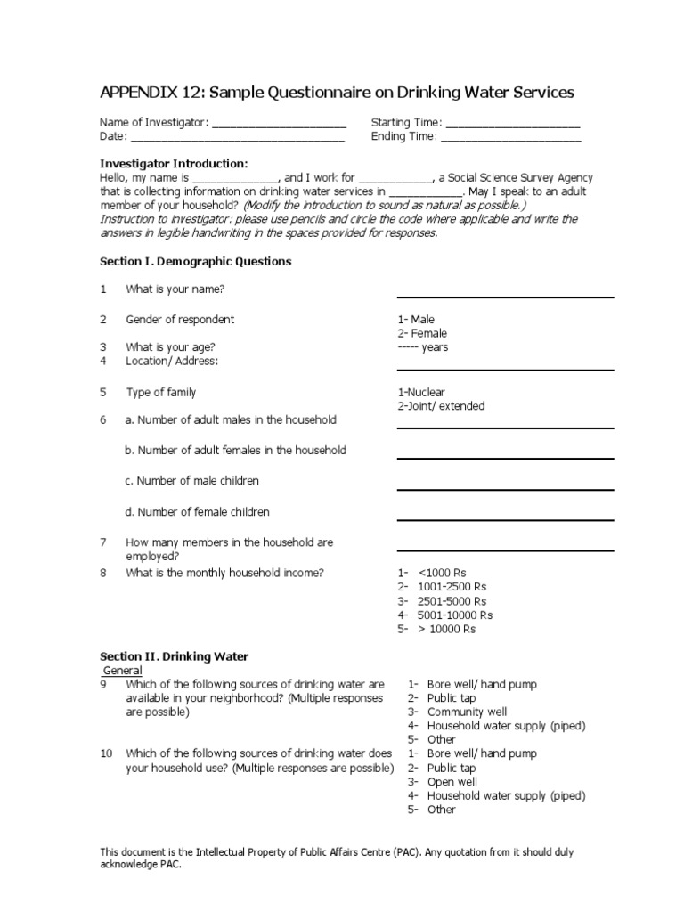 MBI Sample CRC Questionnaire PAC PDF | PDF | Drinking Water | Water