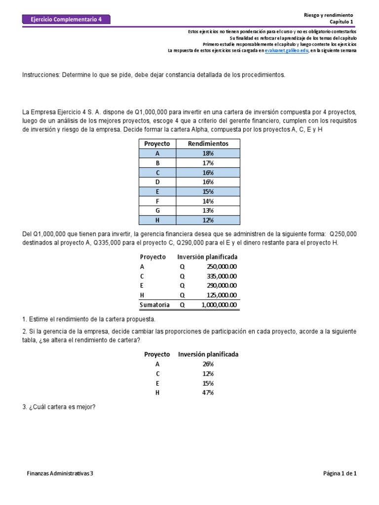Ejercicio Complementario 4 Finanzas 4 | PDF | Inversiones | Economias