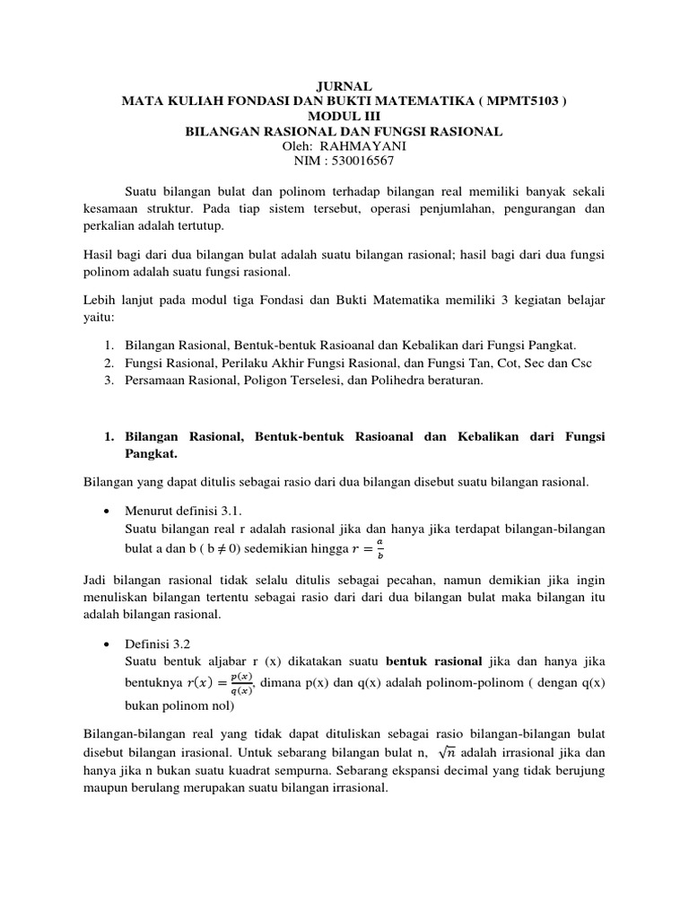 Jurnal Modul III-bil Rasional & Fungsi Rasional | PDF