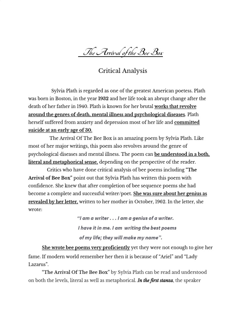 The Arrival of The Bee Box: Critical Analysis | PDF | Sylvia Plath | Poetry