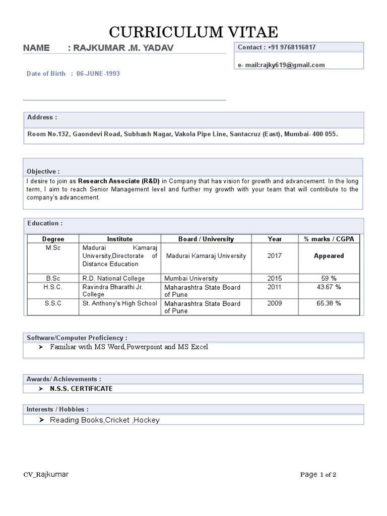 Curriculum Vitae: Name: Rajkumar .M. Yadav | PDF