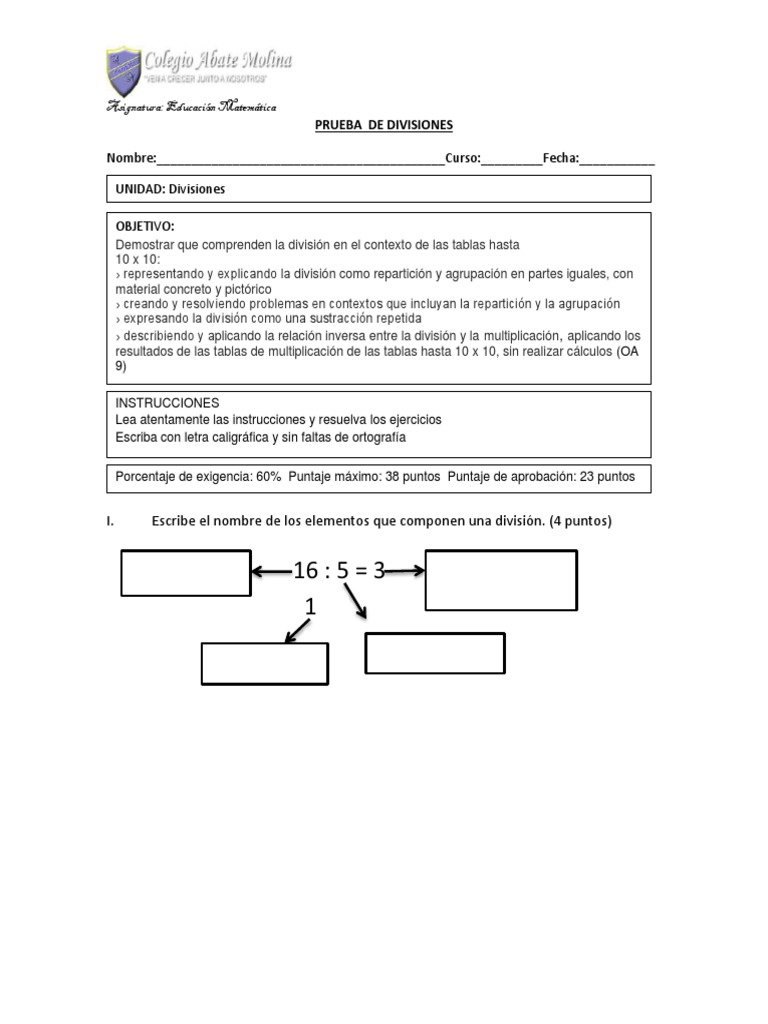 Prueba de Divisiones para Tercer Grado | PDF | División (Matemáticas ...