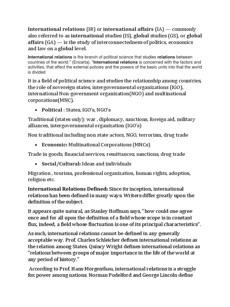 International Relations Is The Branch of Political Science That Studies ...