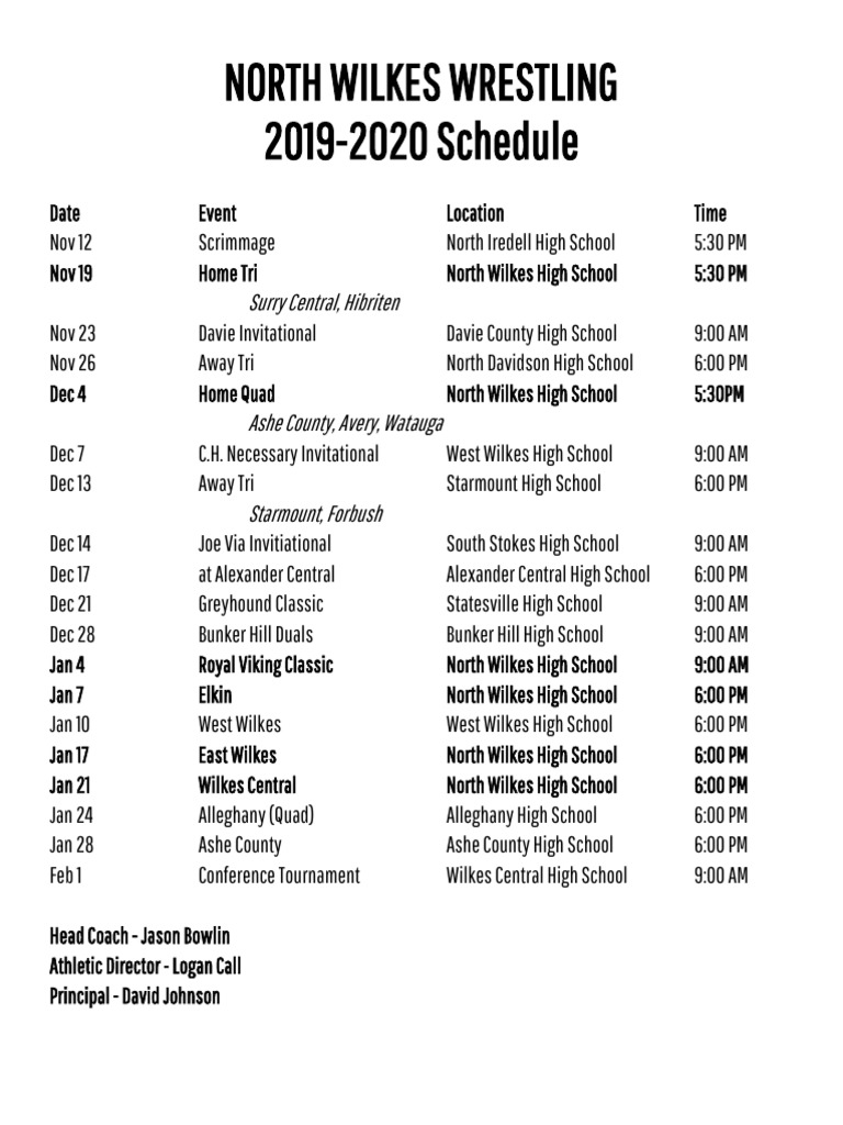 2019-2020 Wrestling Schedule Final | PDF