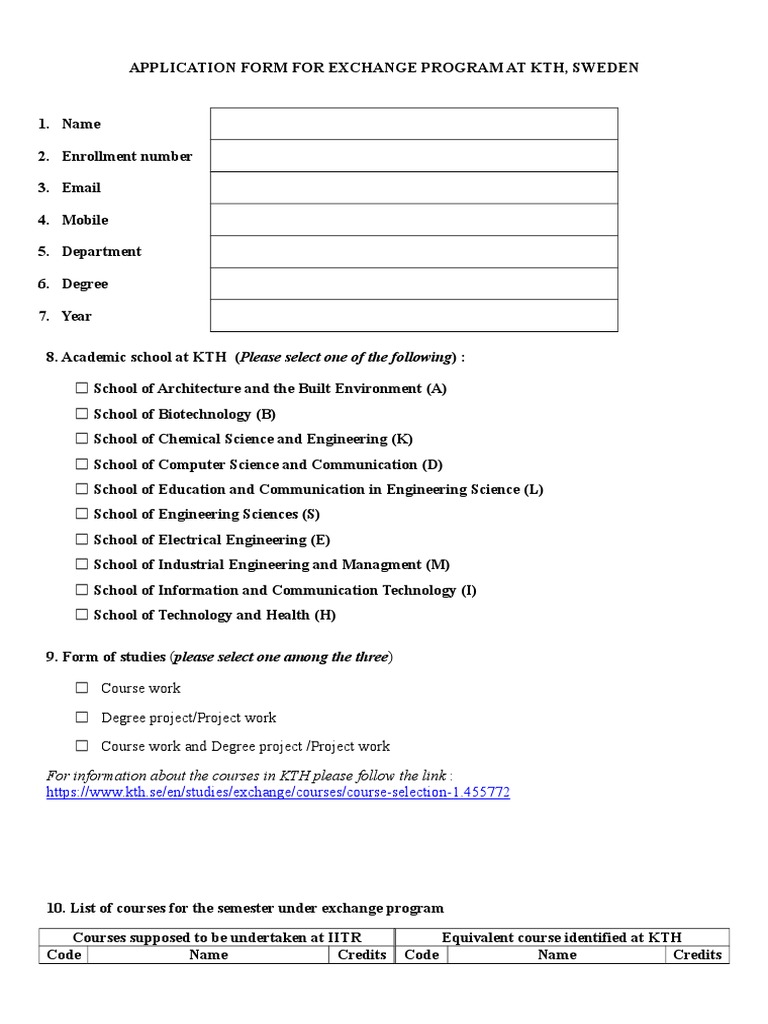 KTH Sweden Exchange Program Form | PDF