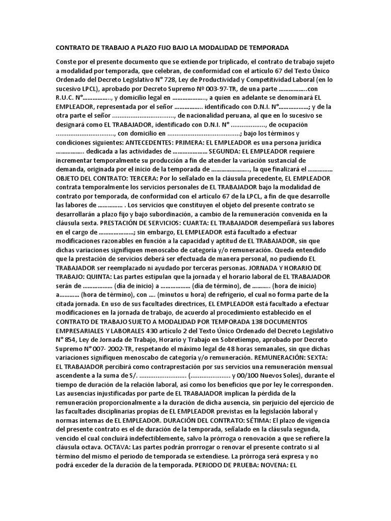 Contrato de Trabajo A Plazo Fijo Bajo La Modalidad de Temporada | PDF | Derecho laboral | Tiempo ...