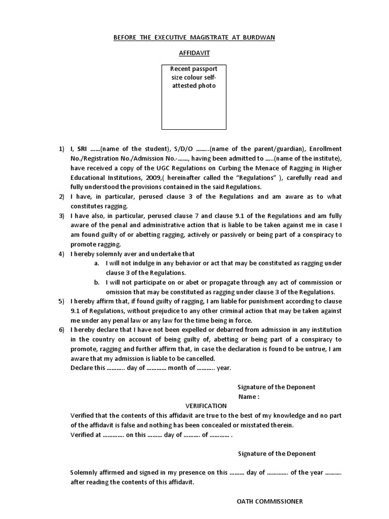 AFFIDAVIT - Anti-Ragging | PDF | Affidavit | Criminal Justice