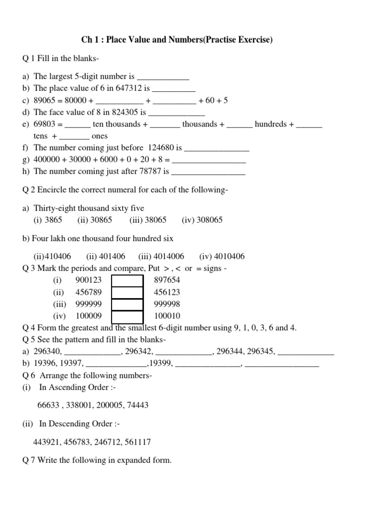 CH 1: Place Value and Numbers (Practise Exercise) | PDF | Teaching ...