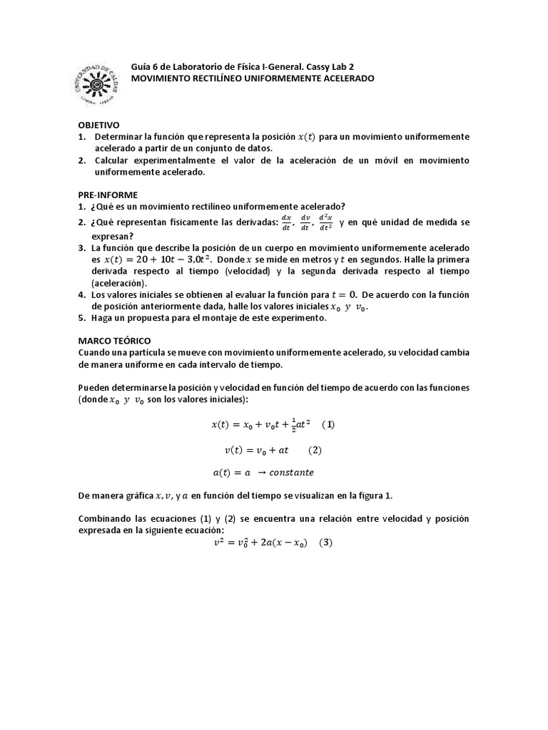 Guía 6 MRUA-lab. Fisica I-Gral - Cassy Lab 2 | PDF | Velocidad | Derivado
