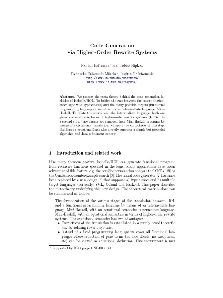Code Generation Via Higher Order Rewrite Systems 1 Introduction And