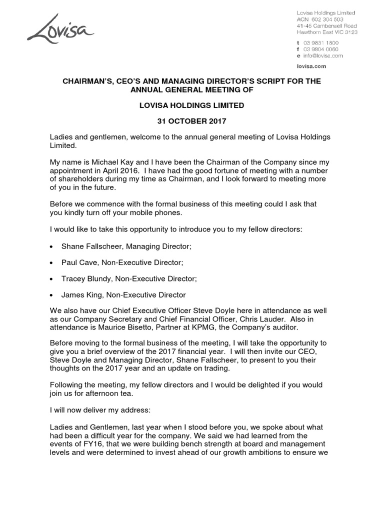 Chairman'S, Ceo'S and Managing Director'S Script For The Annual General ...
