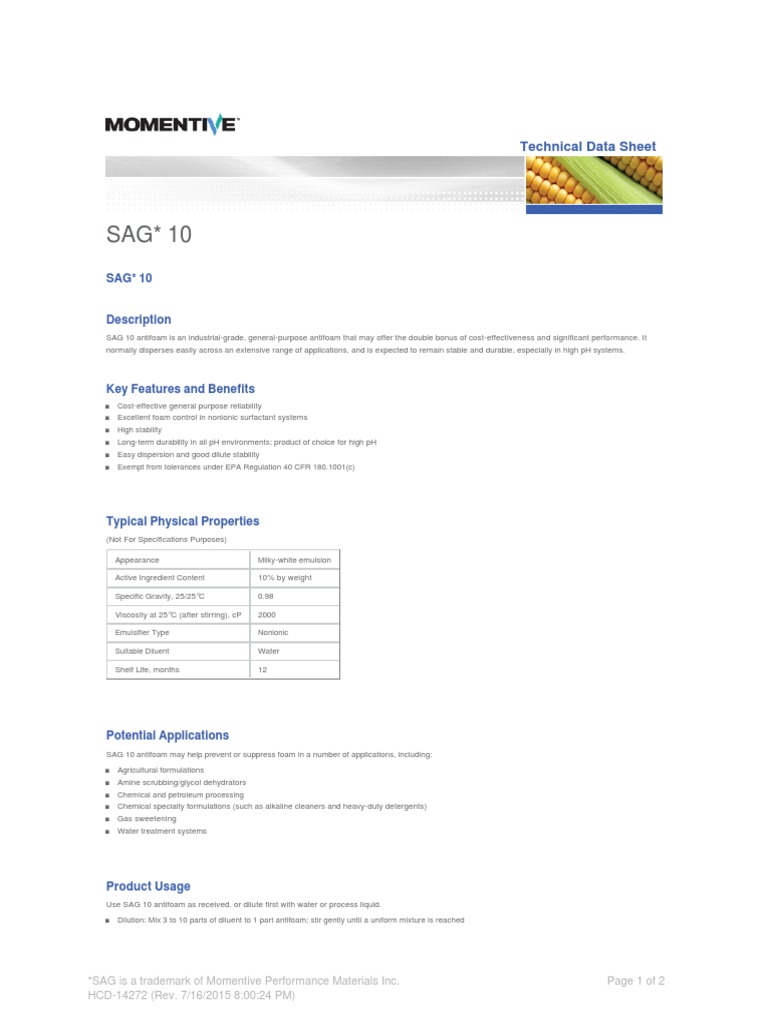 SAG 10 Antifoam Technical Data Sheet | PDF | Patent | Emulsion