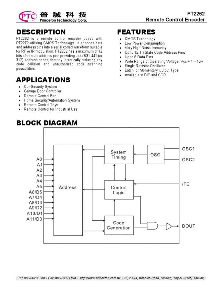 Description Features: PT2262 Remote Control Encoder | PDF | Remote ...