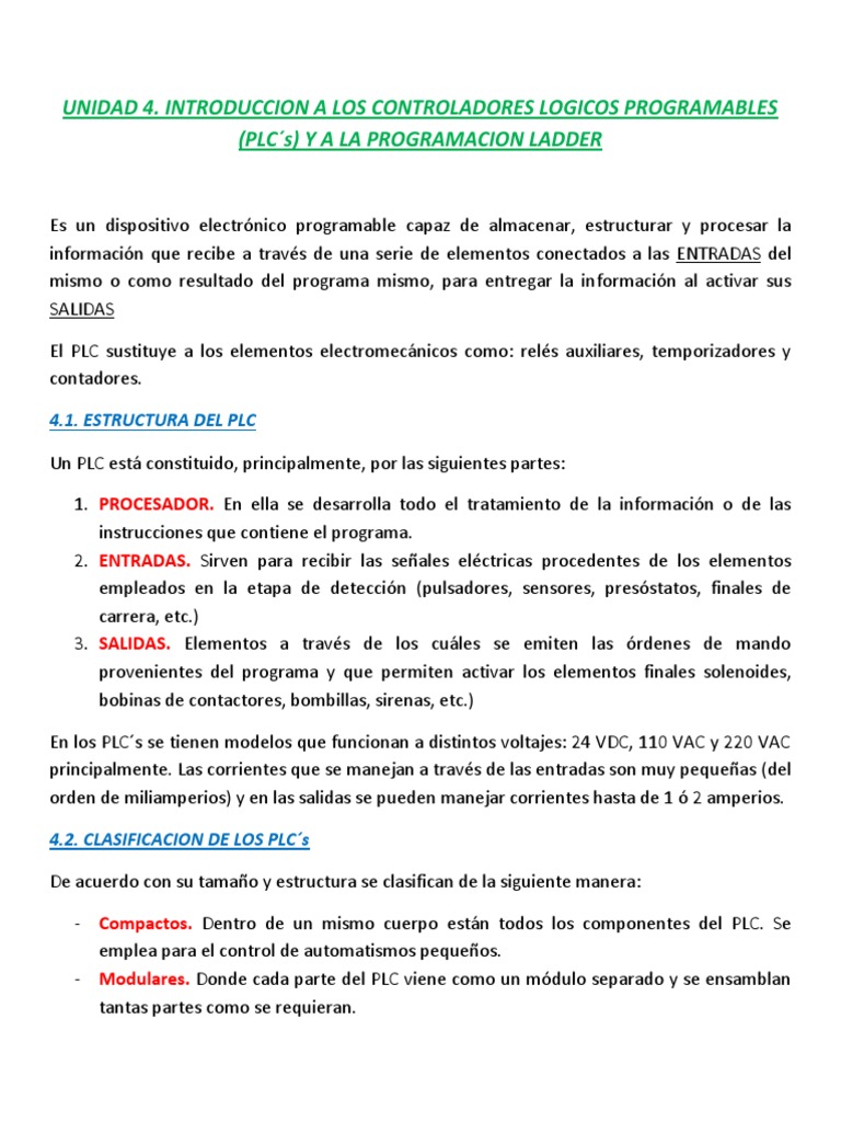 Unidad 4. Introduccion A Los PLC y A La Programacion Ladder | PDF ...