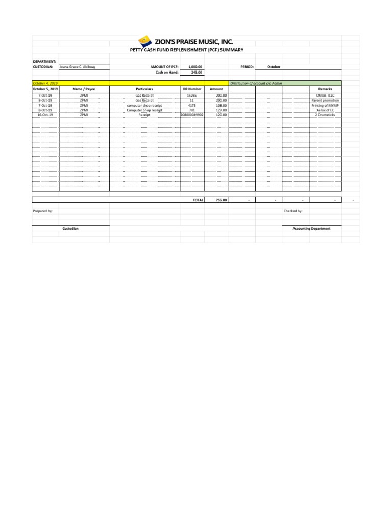 Petty Cash Replenishment (Blank) | PDF | Money | Payments