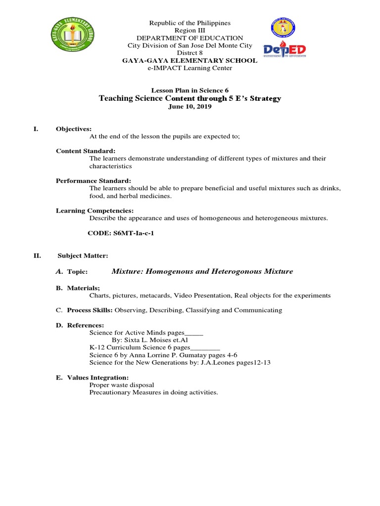 Lesson Plan Mixture 1st Demo 5es | PDF | Homogeneity And Heterogeneity ...