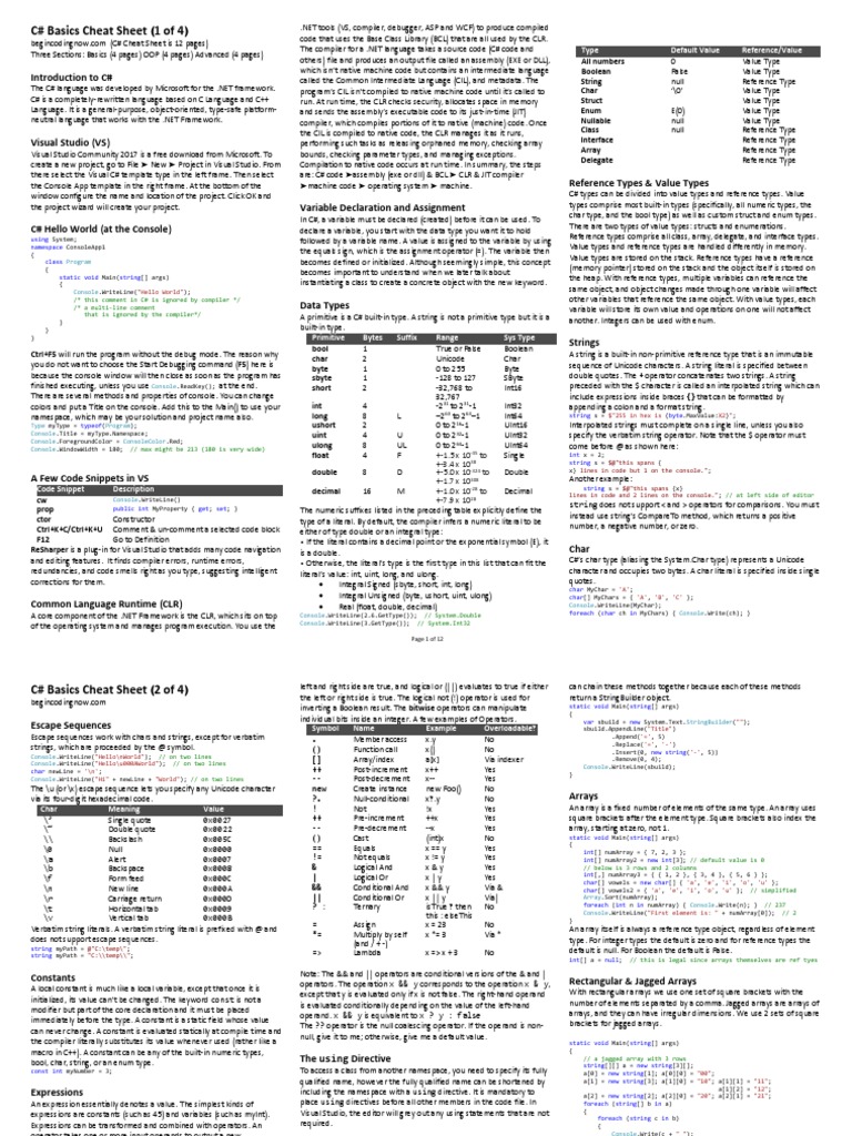 C# Cheat Sheet | PDF | C Sharp (Programming Language) | Data Type