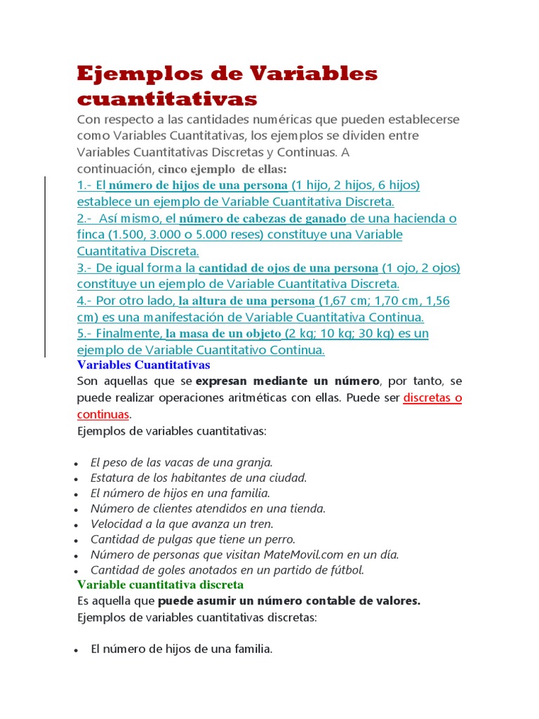 Ejemplos de Variables Cuantitativas | PDF | Cantidad | Enseñanza de ...