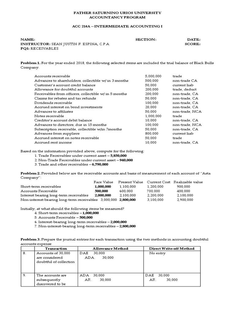 Intermediate Accounting Quiz: Receivables | PDF | Debits And Credits ...