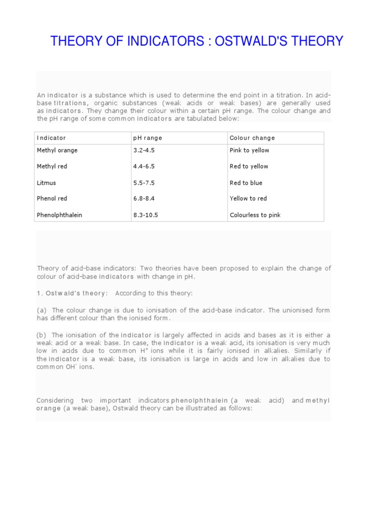 Ostwald's Theory of Acid-Base Indicators | PDF | Acid Dissociation ...
