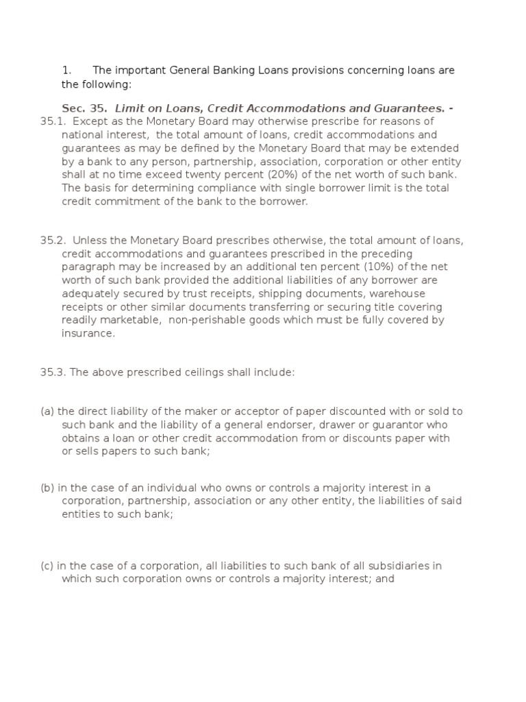 Regulations on Lending Limits and Requirements for General Banking ...