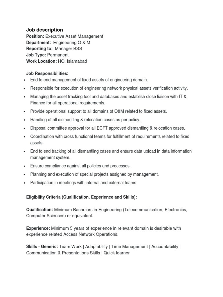 Executive Asset Management Job Description | PDF