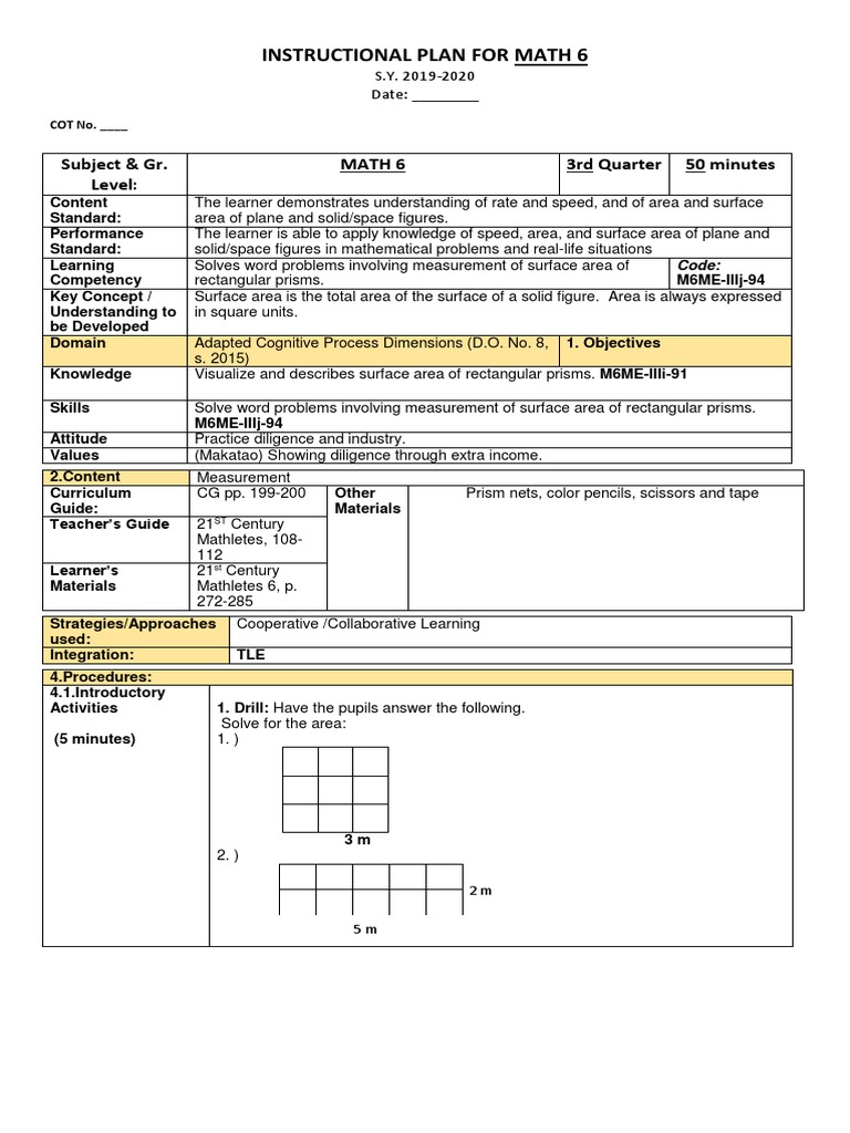 COT MATH 6 - Surface Area | Download Free PDF | Area | Rectangle