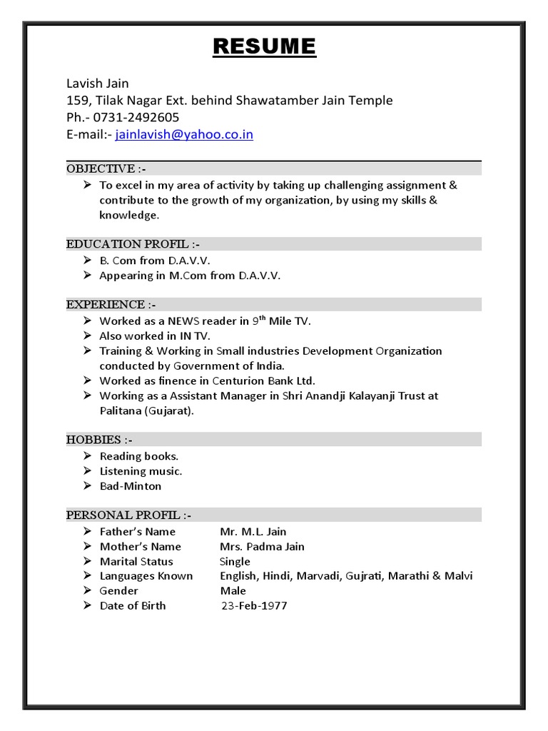 Lavish Jain Resume: Skills & Experience | PDF | Self-Improvement ...