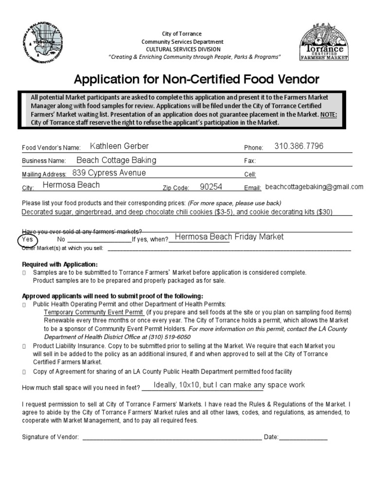 Torrance Farmers Market Vendor Application | PDF | Farmers' Market | Foods