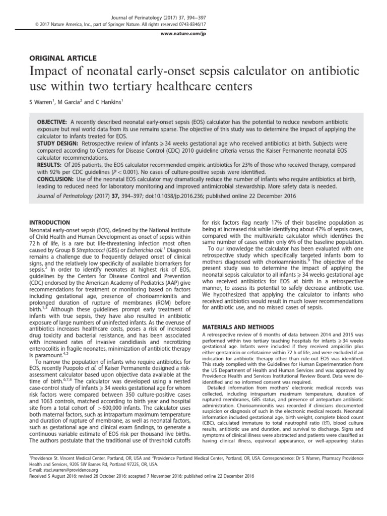 Impact of Neonatal Early-Onset Sepsis Calculator On Antibiotic Use ...