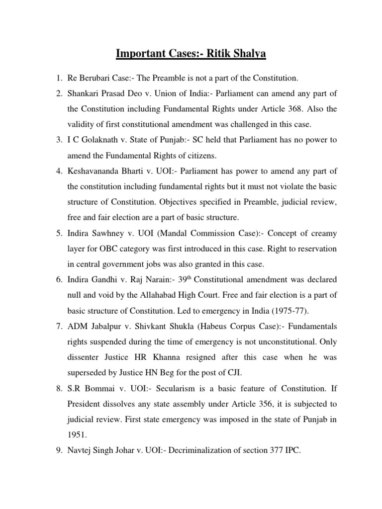 Important Cases:-Ritik Shalya | PDF | Constitutional Law | Justice