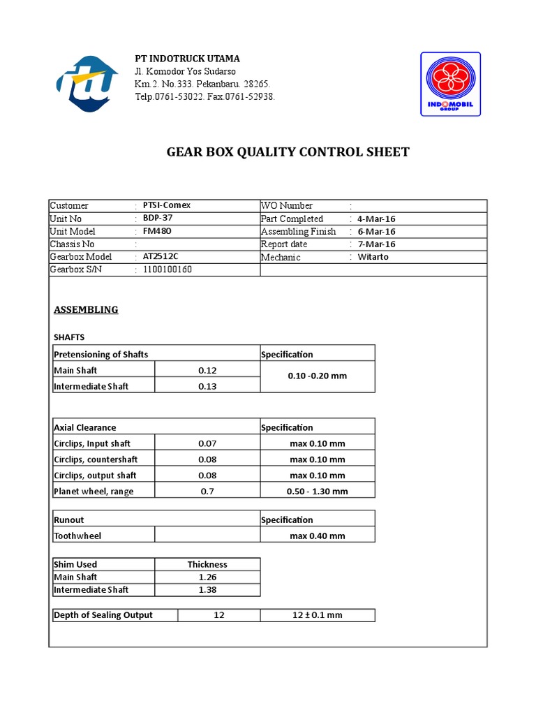 Gear Box Quality Control Sheet: PT Indotruck Utama | Download Free PDF ...